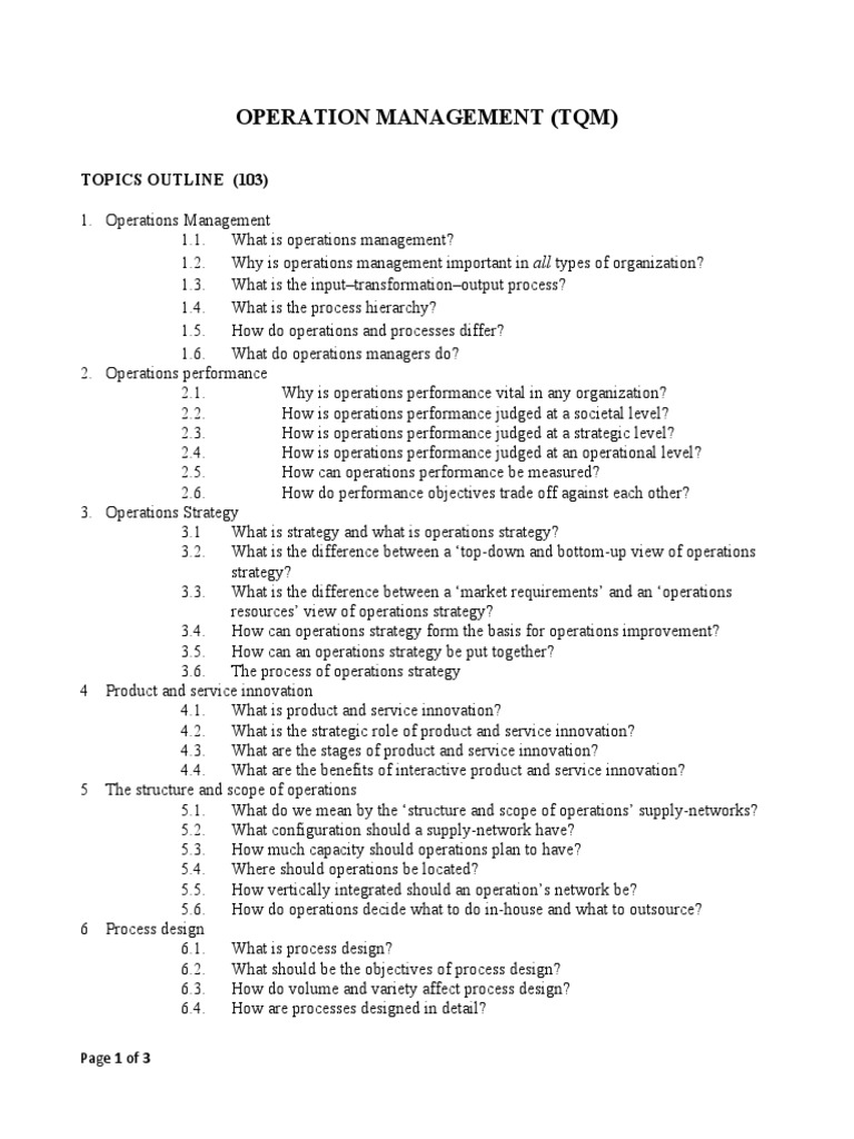 Operation Management (TQM) : Topics Outline | PDF | Business Process ...