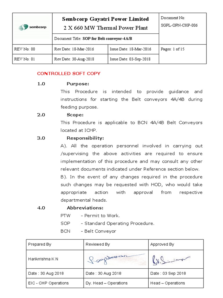 06-SOP For Belt Conveyor 4AB | PDF | Electric Motor | Power Station