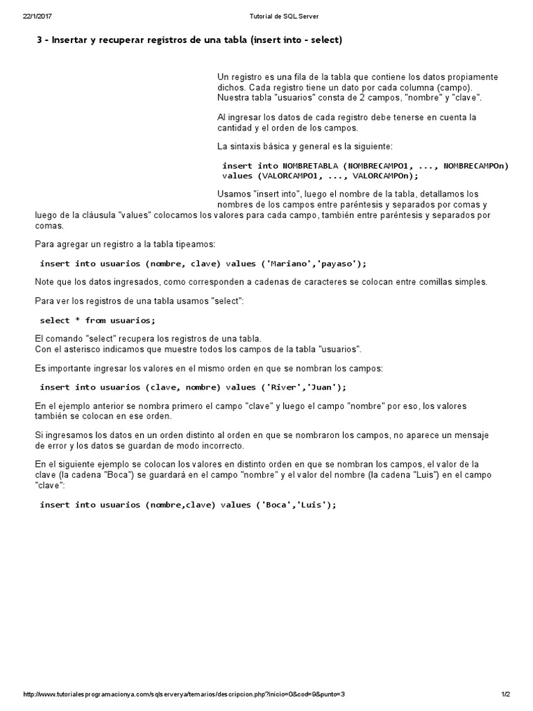 Insertar y Recuperar Registros de Una Tabla | PDF | SQL | Gestión de datos