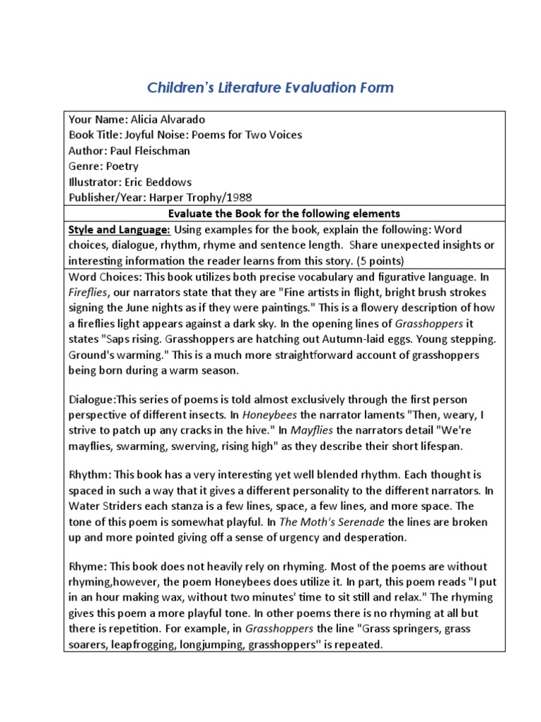 Children's Literature Evaluation Form | PDF | Poetry | Narration