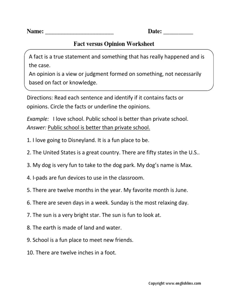 Name: - Date: - Fact Versus Opinion Worksheet | PDF