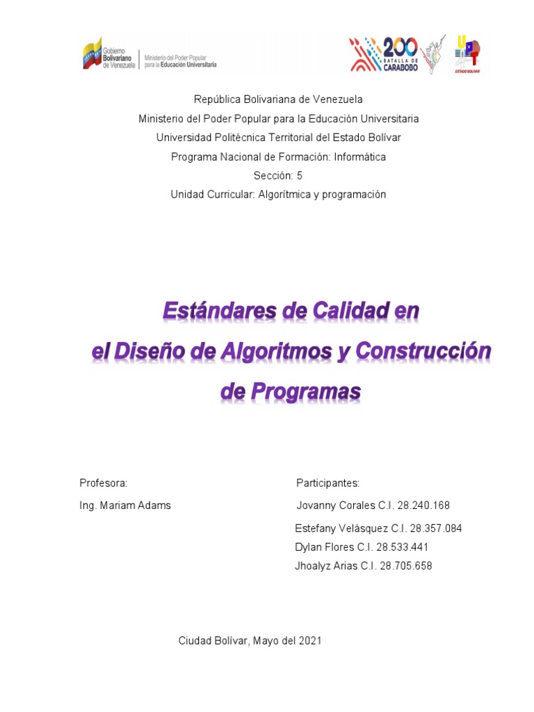 T1 - PNFI - S5 - ALGORITMICA Y PROGRAMACION - UNIDAD II - Estándares de Calidad en El Diseño de ...