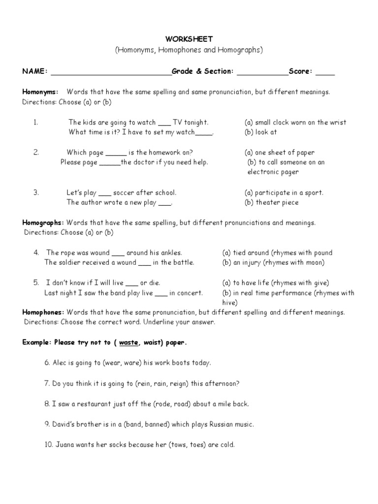 (Homonyms, Homophones and Homographs) : Worksheet | PDF