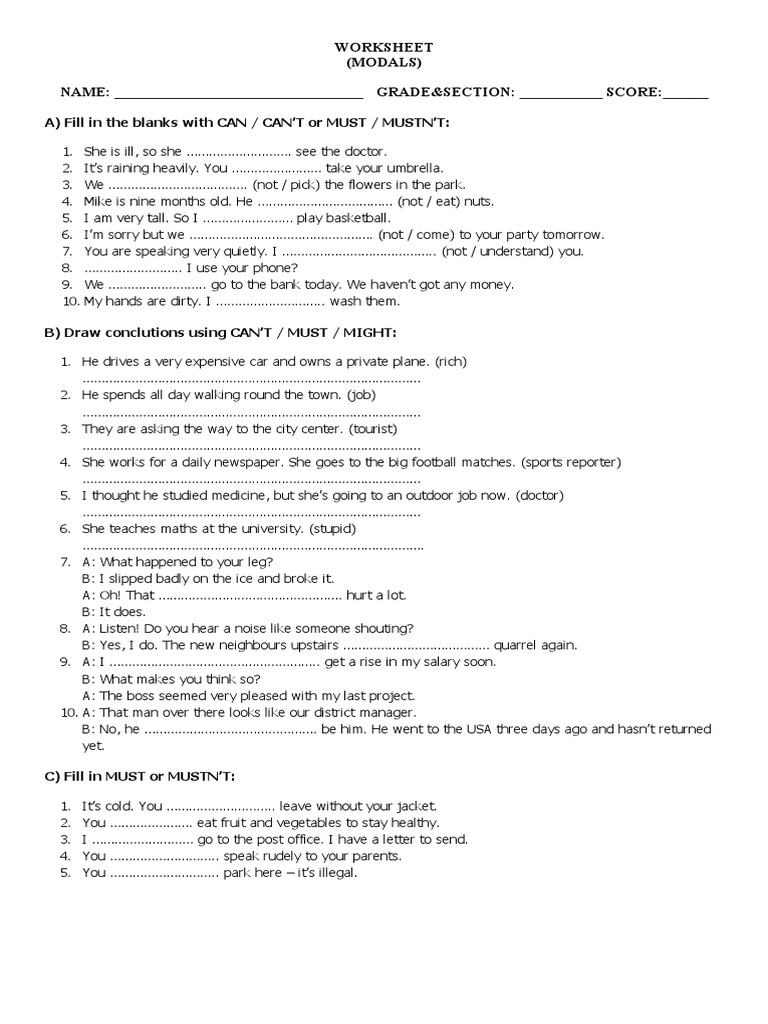 Worksheet (Modals) NAME: - GRADE&SECTION: - SCORE | PDF