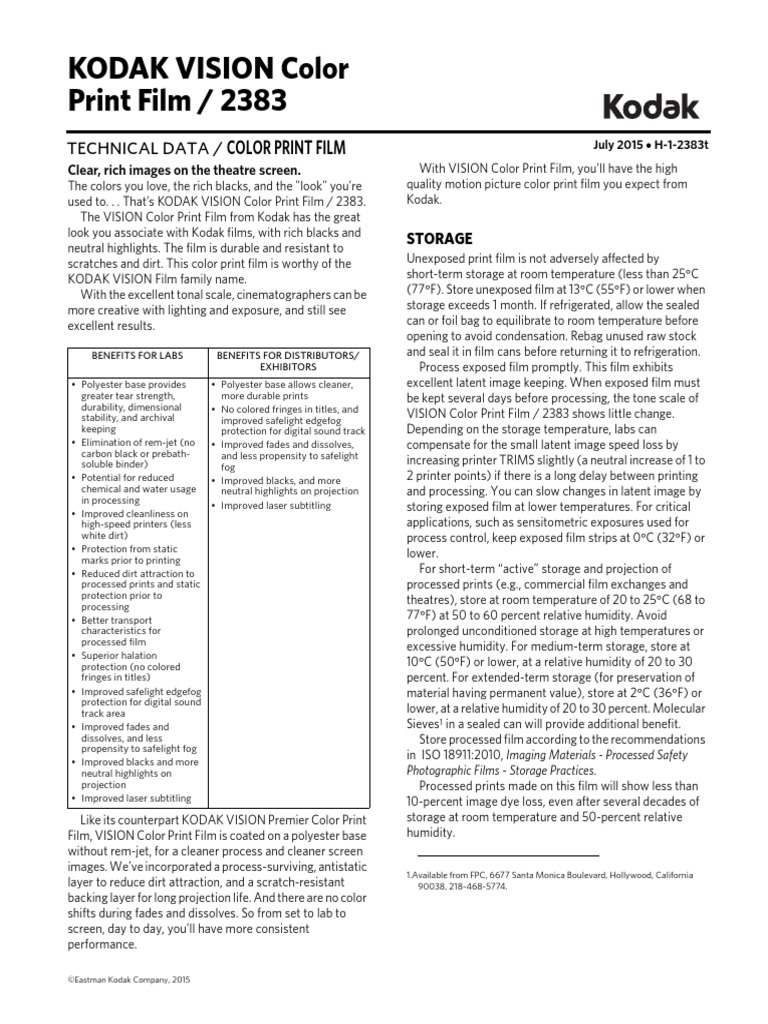 KODAK VISION Color Print Film 2383 3383 Data Sheet | PDF | Exposure ...