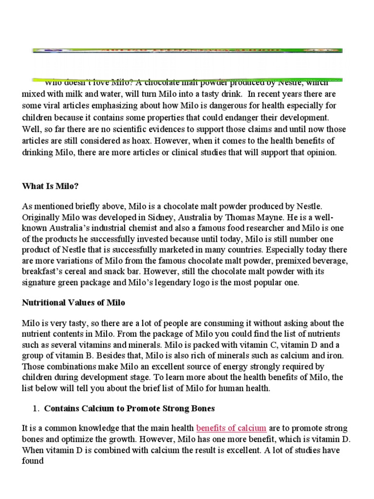 What Is Milo?: Benefits of Calcium | PDF | Vitamin | Food And Drink