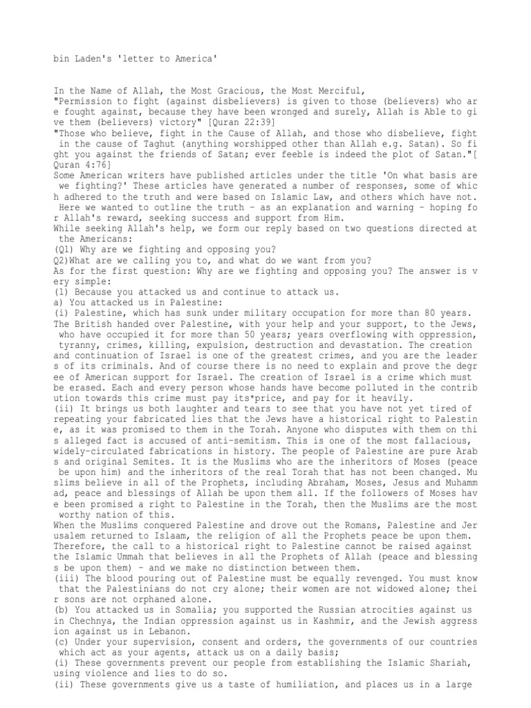 Bin Laden's Letter To America | PDF | Prophets And Messengers In Islam ...
