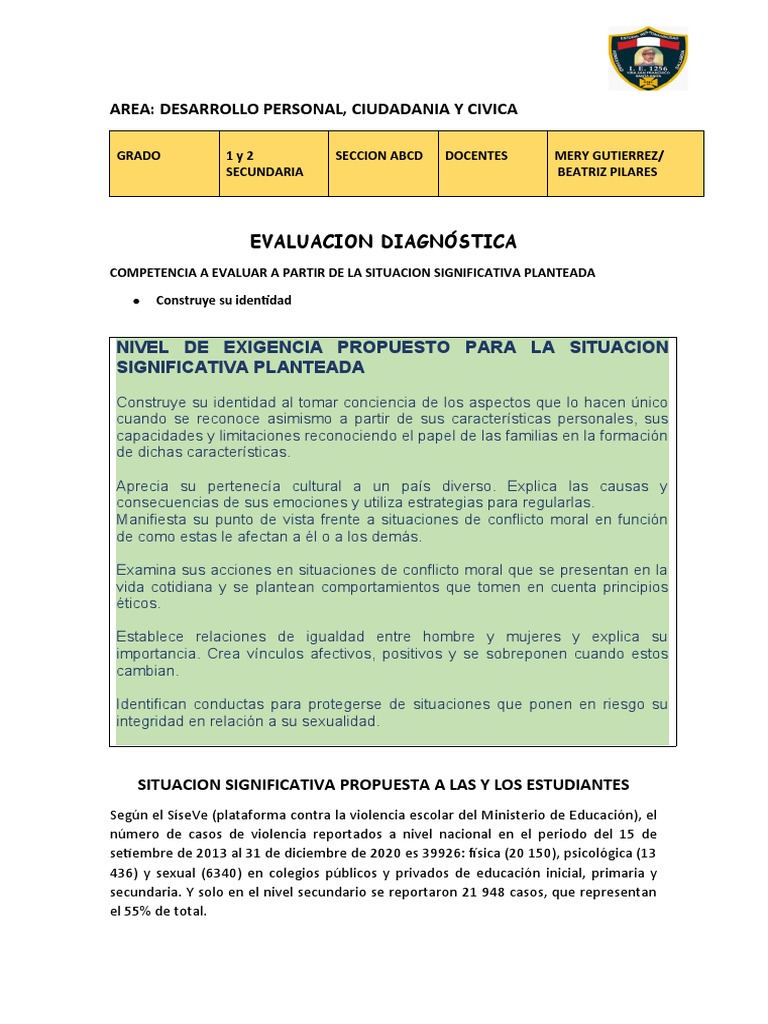 Eval. Diagn. DPCC 1 y 2 Mery Bety | PDF | Violencia | La sexualidad humana