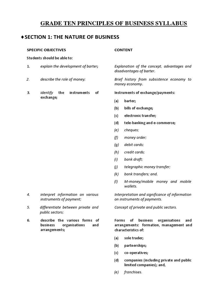 Grade Ten Principles of Business Syllabus | Download Free PDF ...