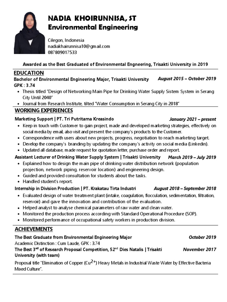 CV Nadia K Job Application | PDF | Drinking Water | Water Supply