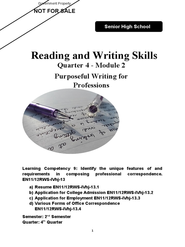 Reading and Writing Skills: Quarter 4 - Module 2 Purposeful Writing For Professions | PDF ...
