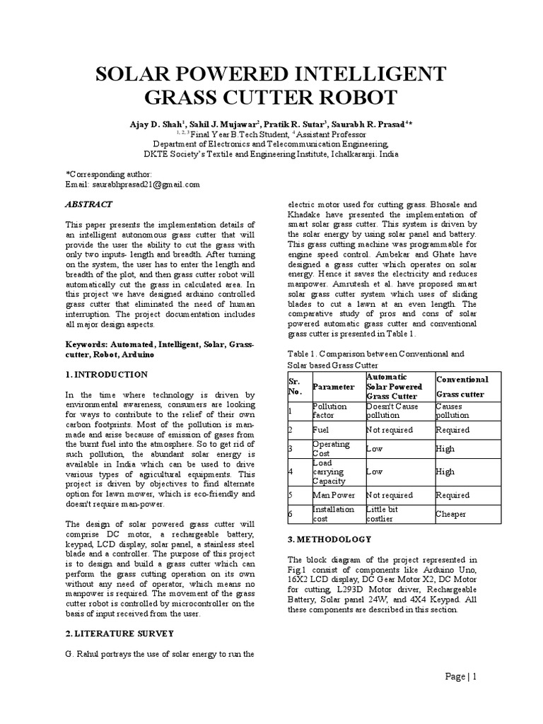 Solar Powered Intelligent Grass Cutter Robot | PDF | Solar Panel ...