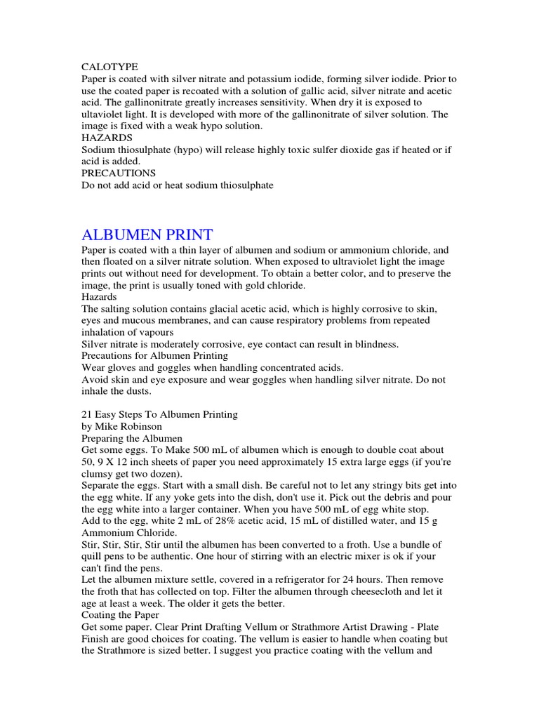 Calotype and Albumen Printing Guide | PDF