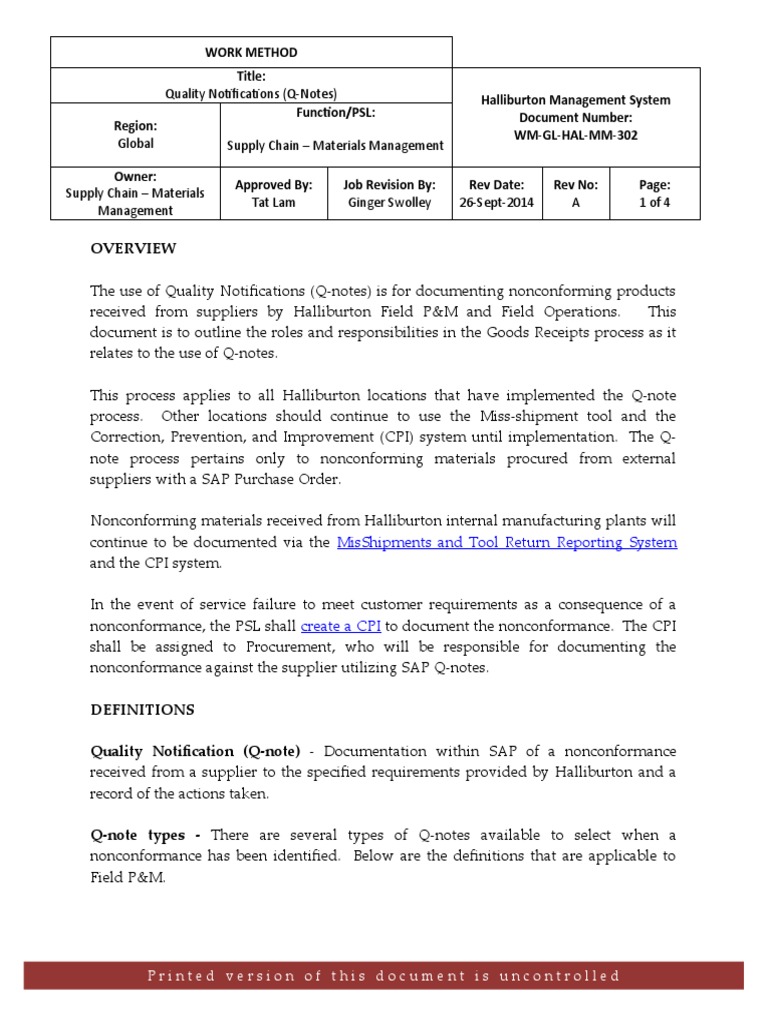 WM-GL-HAL-MM-302 - (Quality Notifications (Q-Notes) ) | PDF | Supply ...