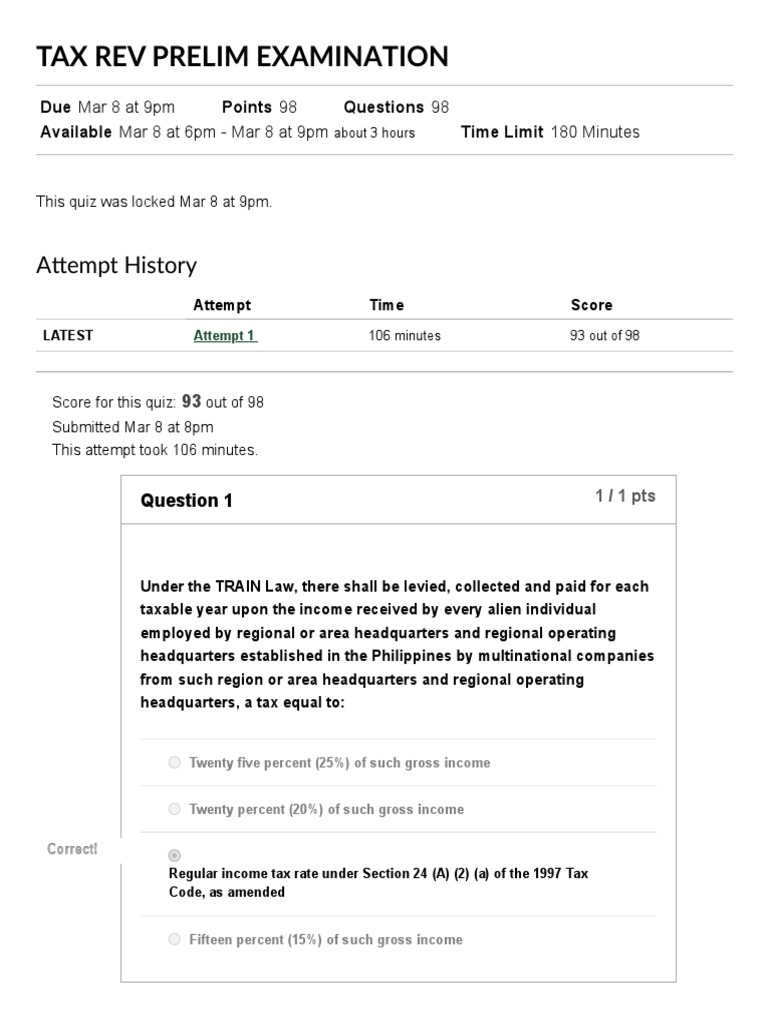 Tax Rev Prelim Examination | PDF | Taxation In The United States | Taxes
