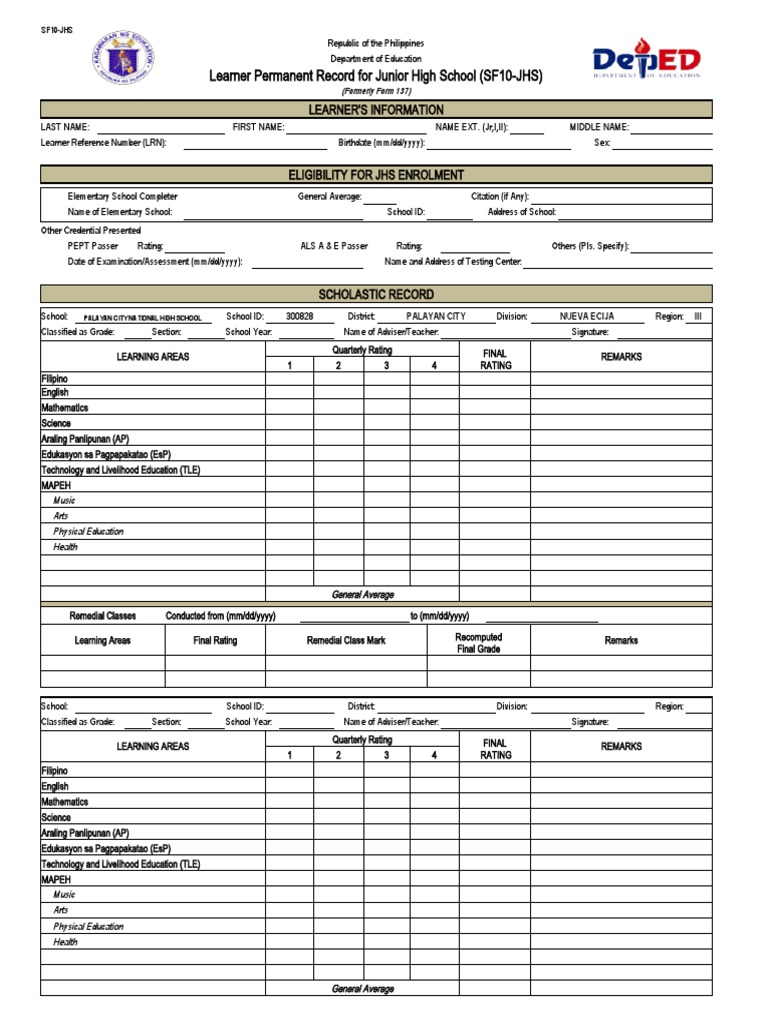 Learner Permanent Record For Junior High School (SF10-JHS) | PDF ...