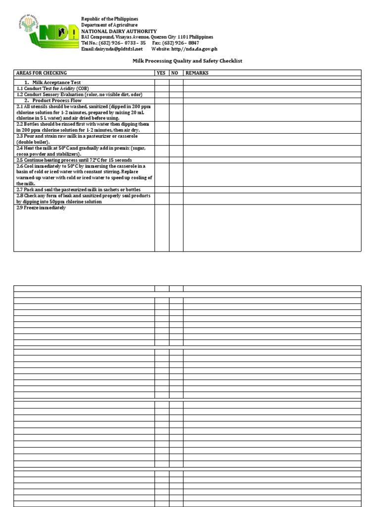 Milk Processing Quality Checklist | PDF