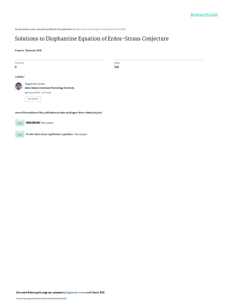 Solutions To Diophantine Equation Of Erdos Straus Conjecture Pdf