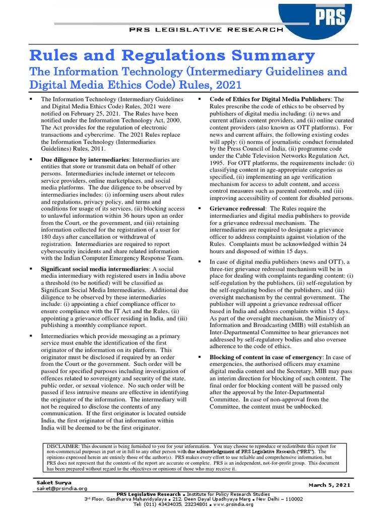 Summary-Intermediary and Digital Media Rules 2021 Under IT Act | PDF ...