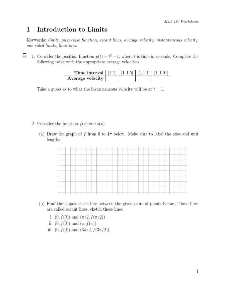 1 Introduction To Limits: Math 180 Worksheets | PDF | Velocity | Physics