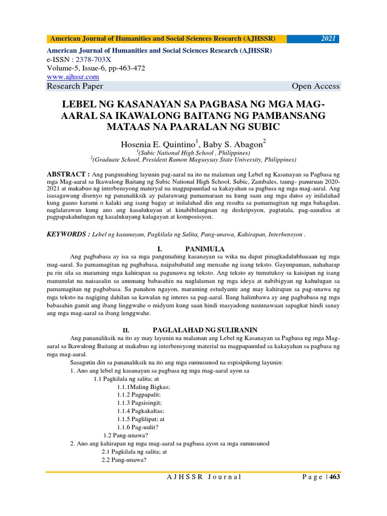 Lebel NG Kasanayan Sa Pagbasa NG Mga Magaaral Sa Ikawalong Baitang NG ...