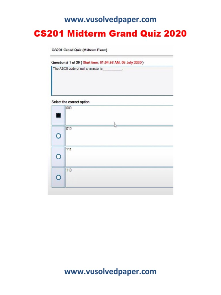 CS201 Midterm Grand Quiz 2020 | PDF