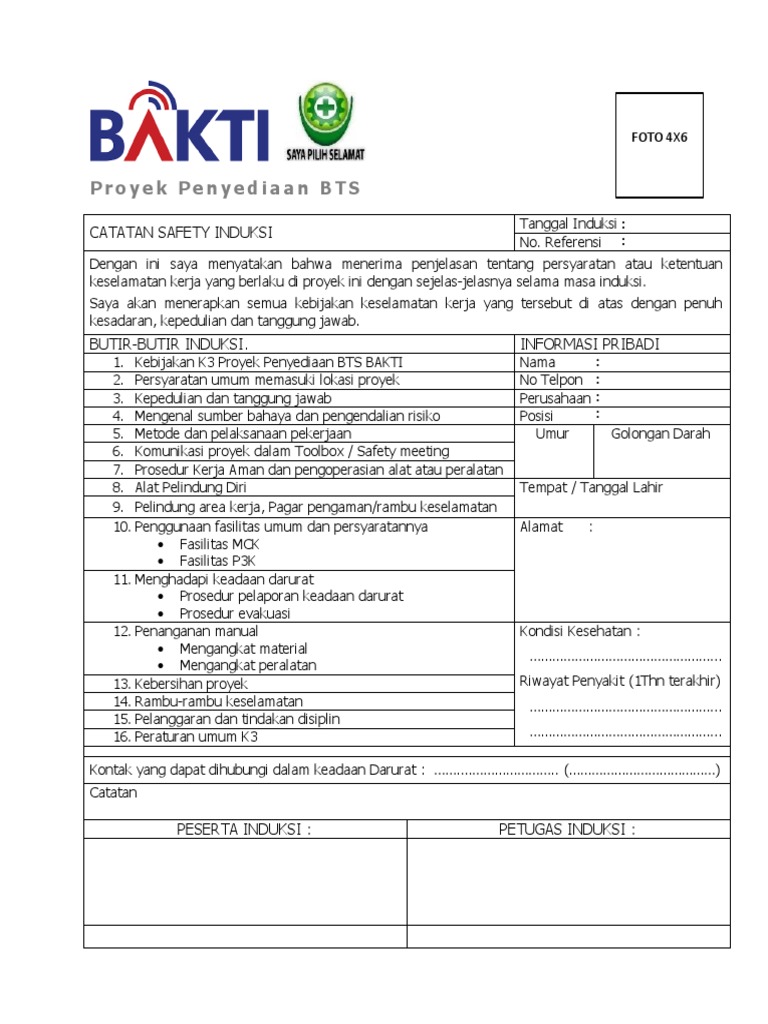 Form Safety Induction BAKTI | PDF
