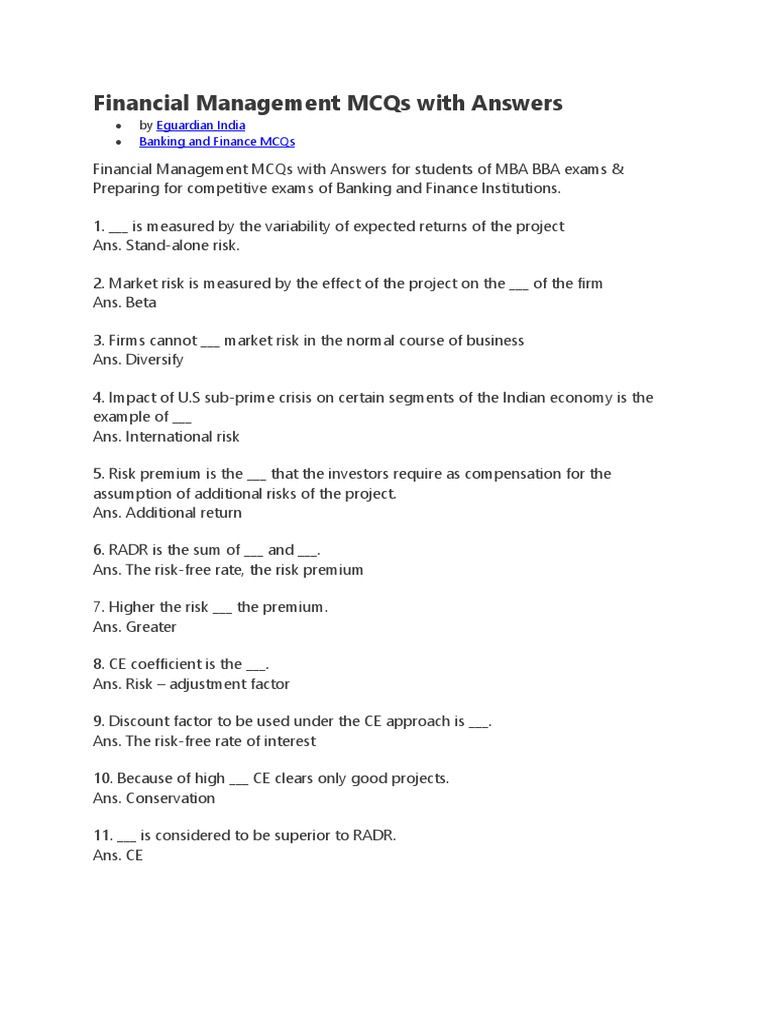 Financial Management Mcqs With Answers: Eguardian India Banking and ...