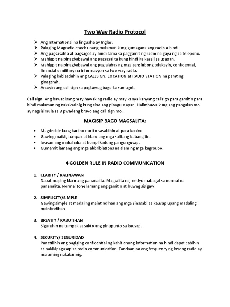 Two Way Radio Protocol Tagalog | PDF