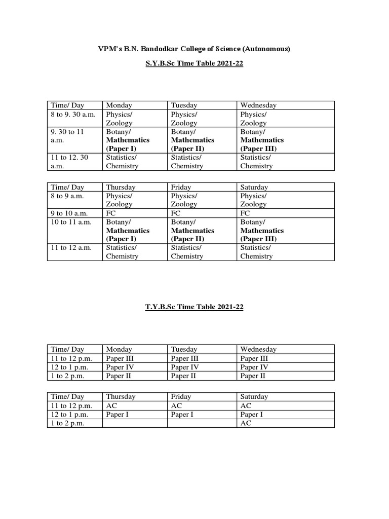 Maths Department Time Table 2021-22 | PDF
