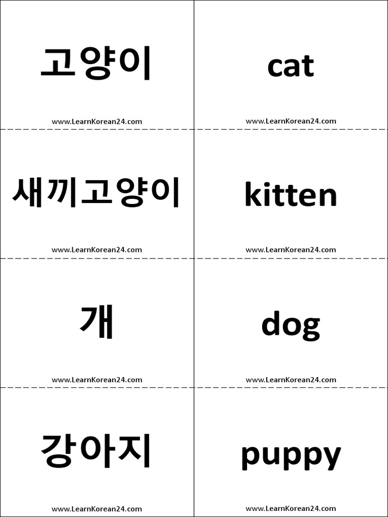 Animals in Korean Flashcards Pets | PDF