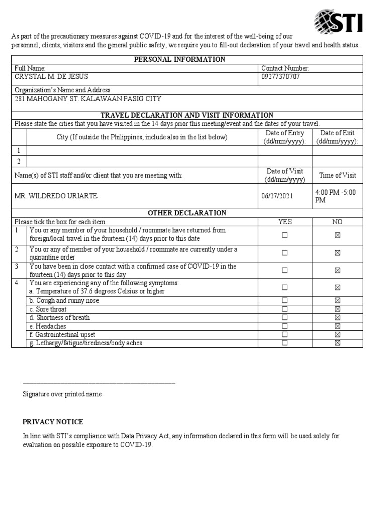 Visitors Personal Declaration Form - COVID 19 | PDF | Respiratory ...