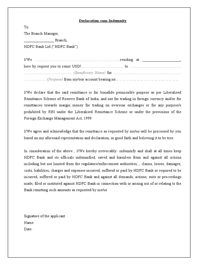 LRS Declaration Cum Indemnity | PDF