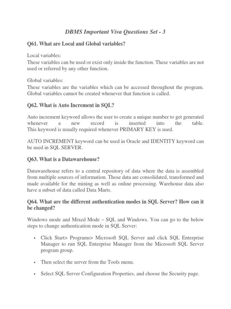 DBMS Important Viva Questions Set - 3: Q61. What Are Local and Global Variables? | PDF | Sql ...