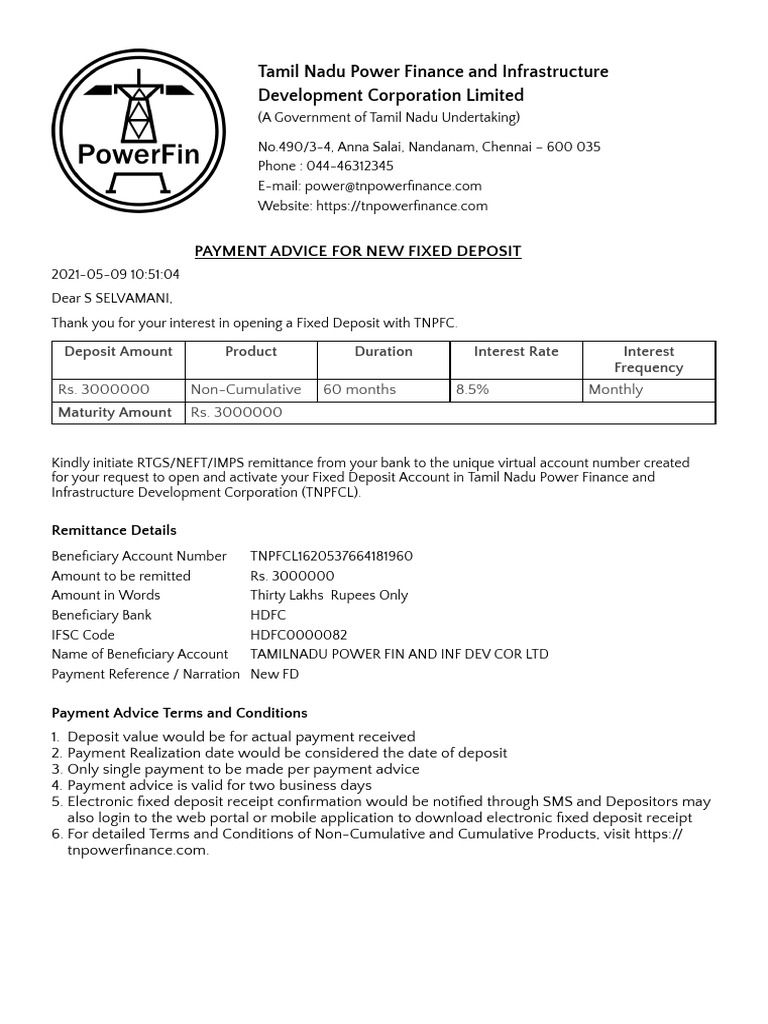 TNPFC Fixed Deposit Payment Advice | PDF | Career & Growth | Business