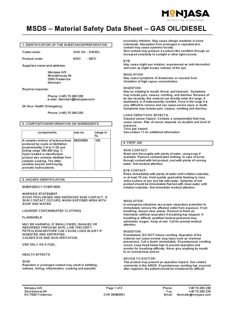 MSDS - Material Safety Data Sheet - GAS OIL/DIESEL | PDF | Firefighting ...