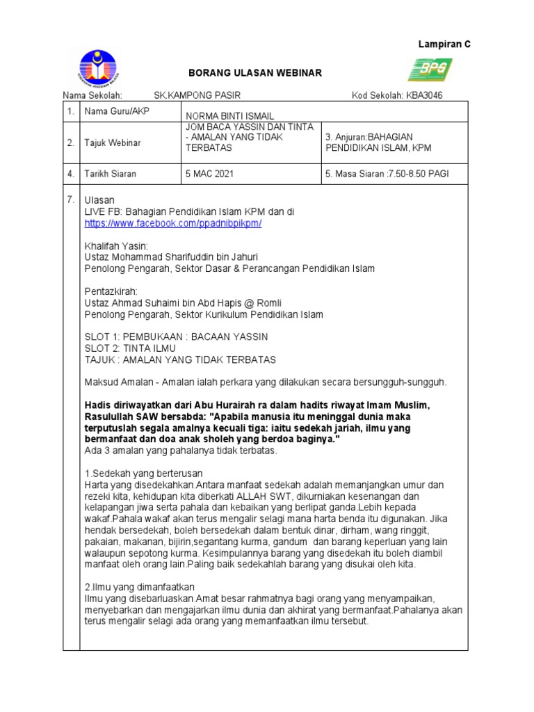 Borang Ulasan Webinar Ke-1 | PDF | Karier & Perkembangan | Kesehatan Holistik