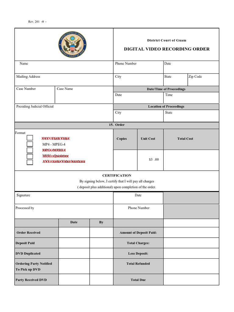 Digital Video Recording Order: XXXXXXXXXXXX XXXXXXXXXX XXXXXXXXXXX ...