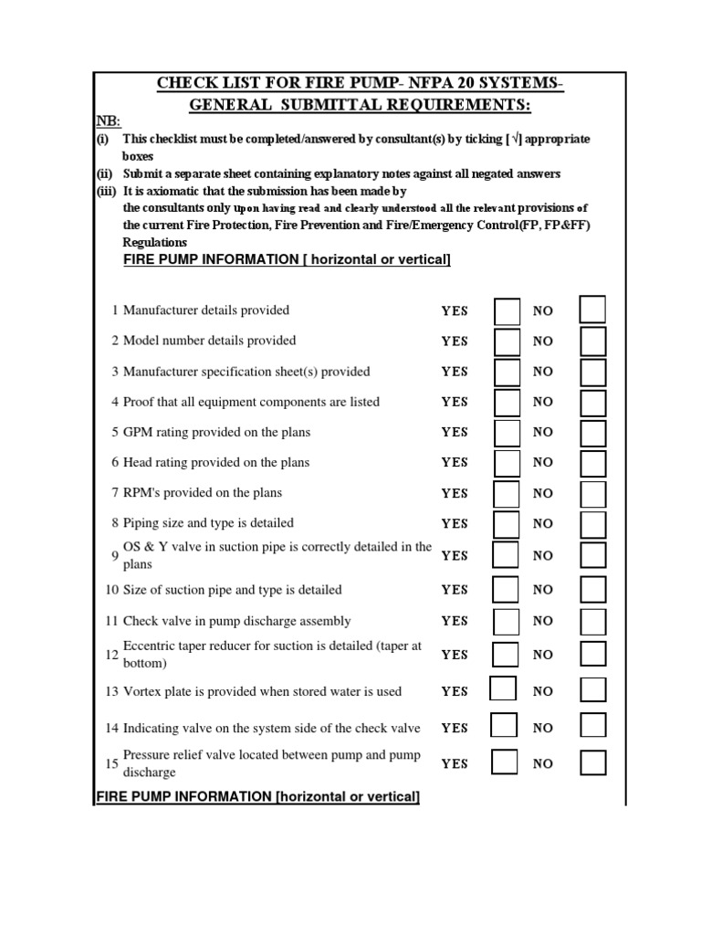 NFPA 20 Fire Pump Inspection Checklist | PDF