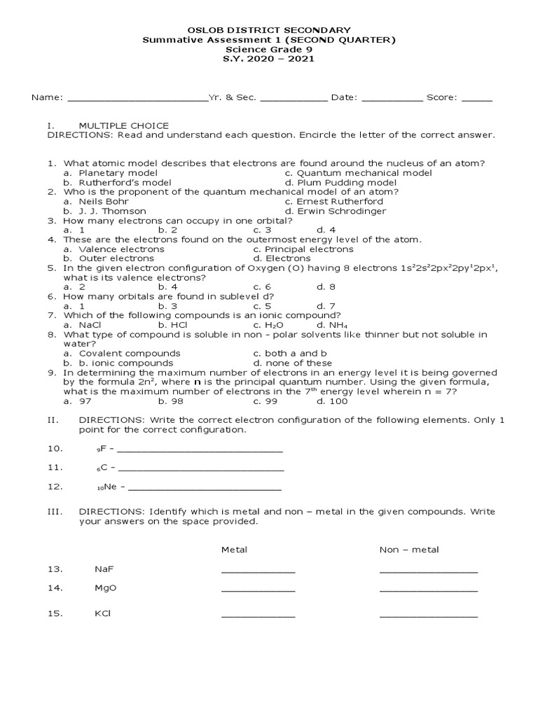 Summative Assessment 1 2nd Quarter | PDF | Chemical Compounds ...
