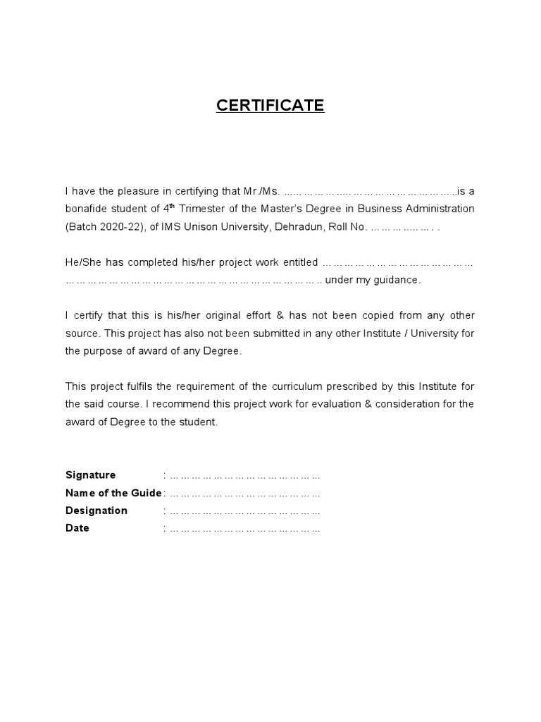 MBA Project Completion Certificate | PDF | Career & Growth