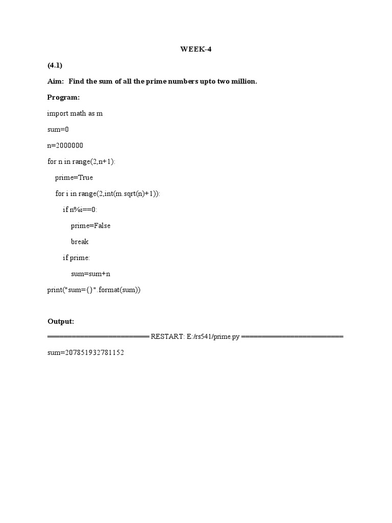 WEEK-4 (4.1) Aim: Find The Sum of All The Prime Numbers Upto Two Million. Program | PDF