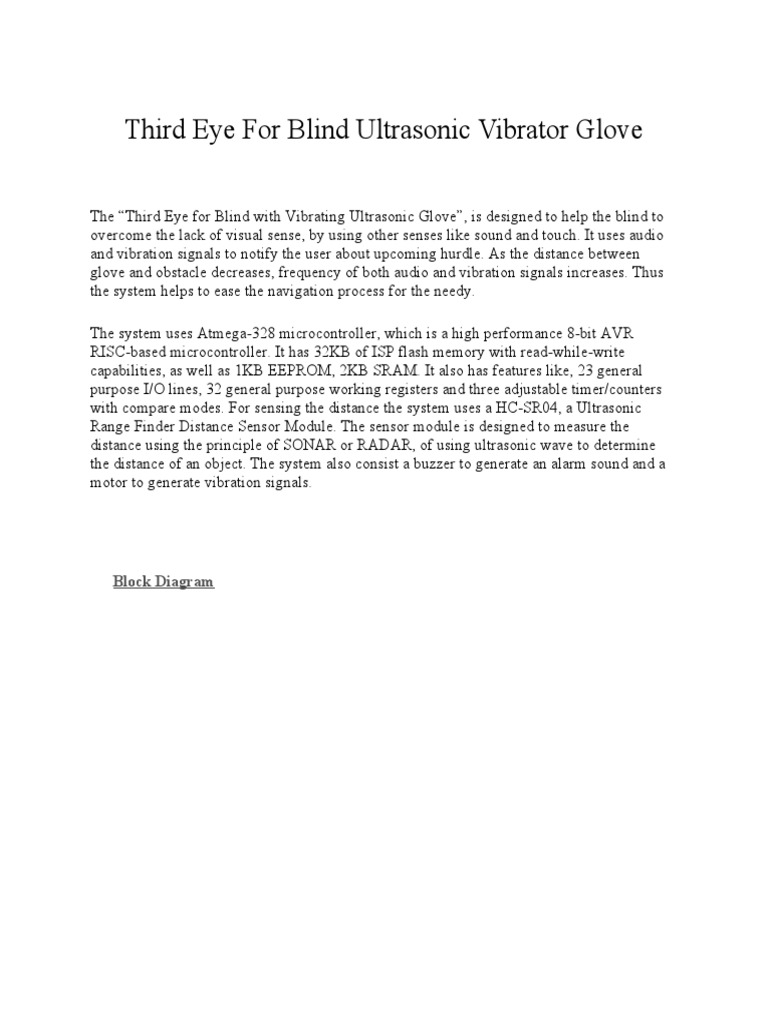 Third Eye For Blind Ultrasonic Vibrator Glove: Block Diagram | PDF