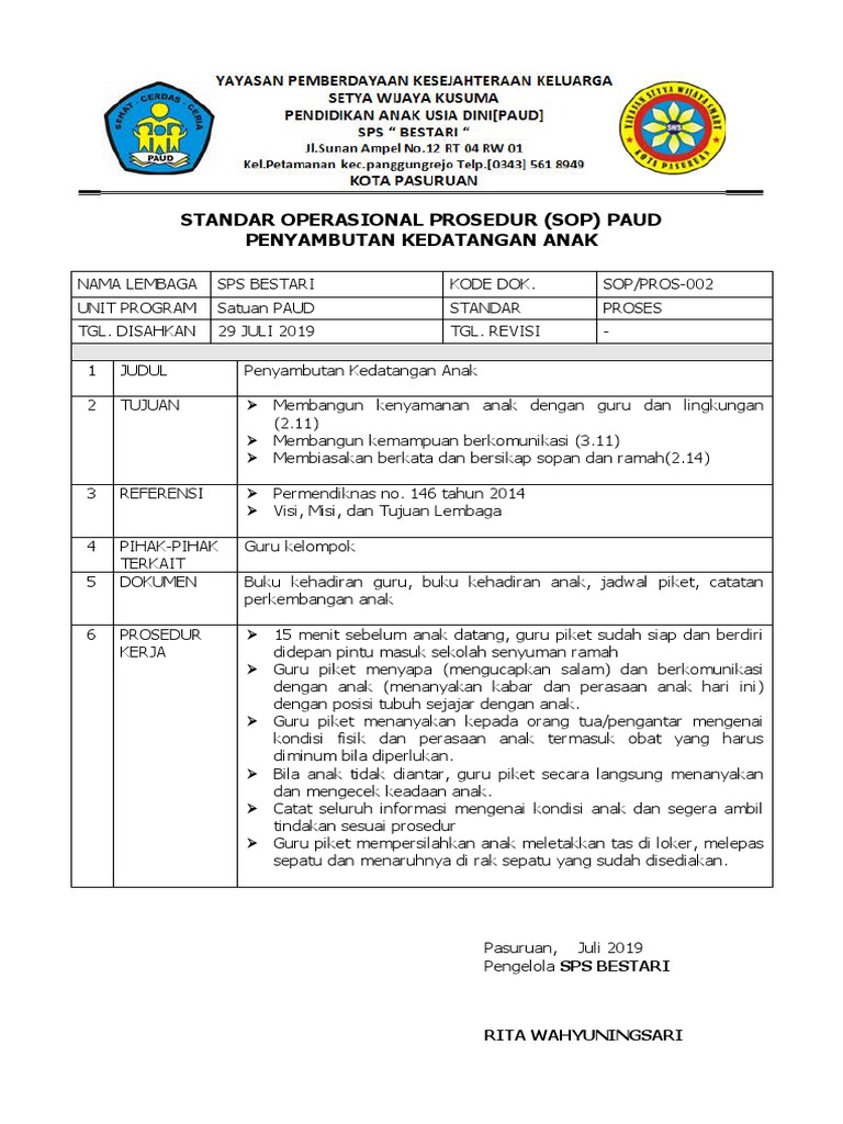 2 Sop Paud Penyambutan Kedatangan Anak | PDF