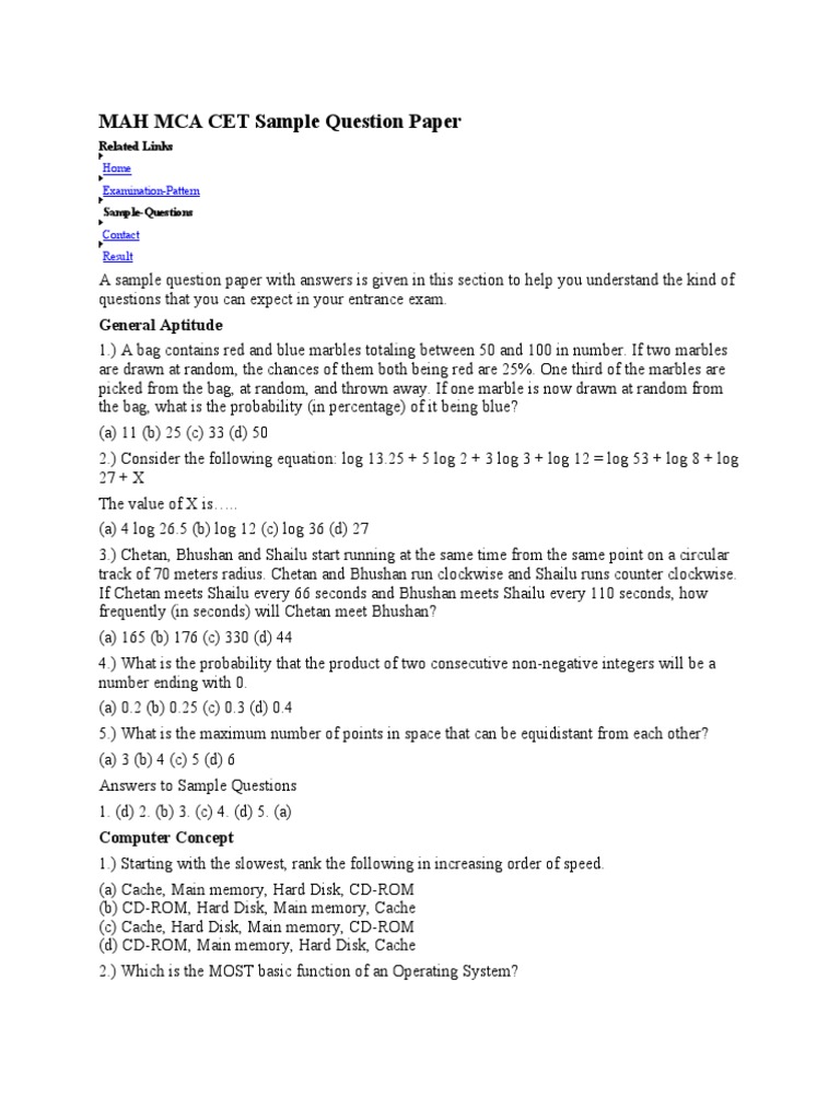 MAH MCA CET Sample Question Paper | PDF | Cache (Computing) | Computer ...