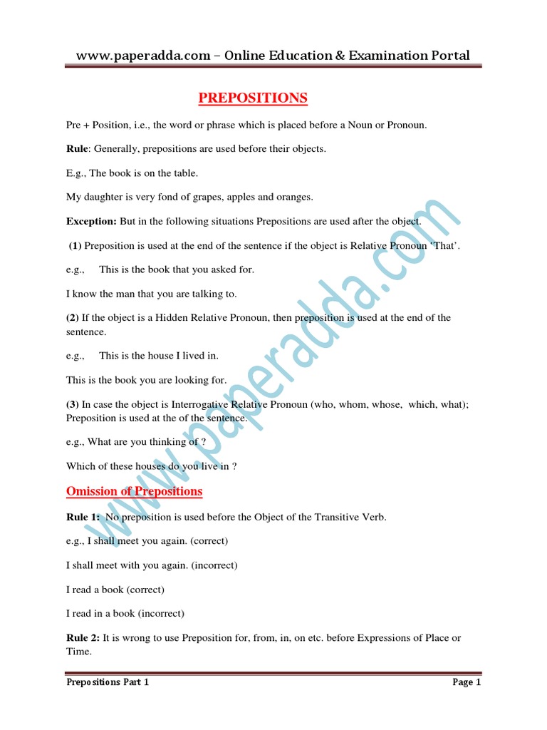 English Notes - Preposition Part 1 | PDF | Object (Grammar ...