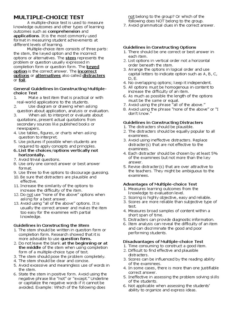 MULTIPLE CHOICE TEST Guidelines | PDF | Multiple Choice | Human Nature