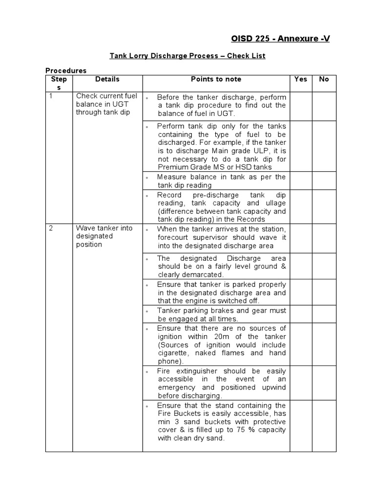 OISD 225 TT Decantation Procedure - Check List | PDF | Oil Tanker ...