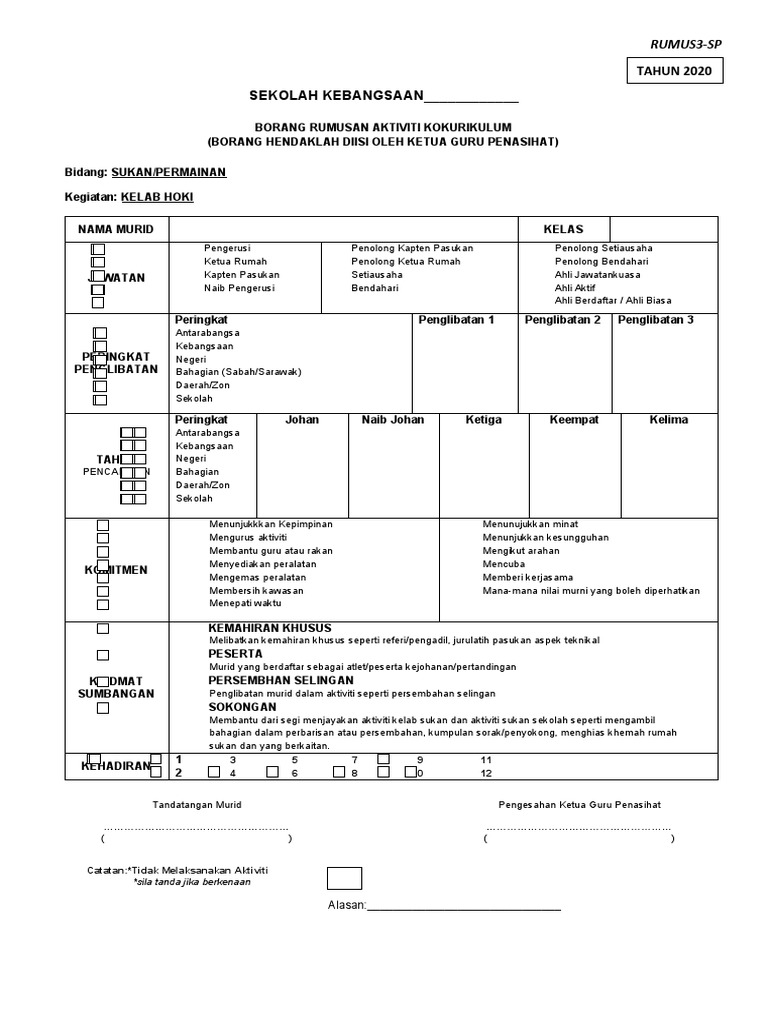 Borang Rumusan Aktiviti Kokurikulum | PDF