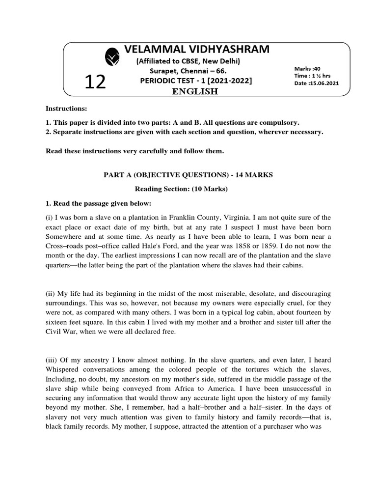 Class 10 English Periodic Test 1 | PDF | Slavery